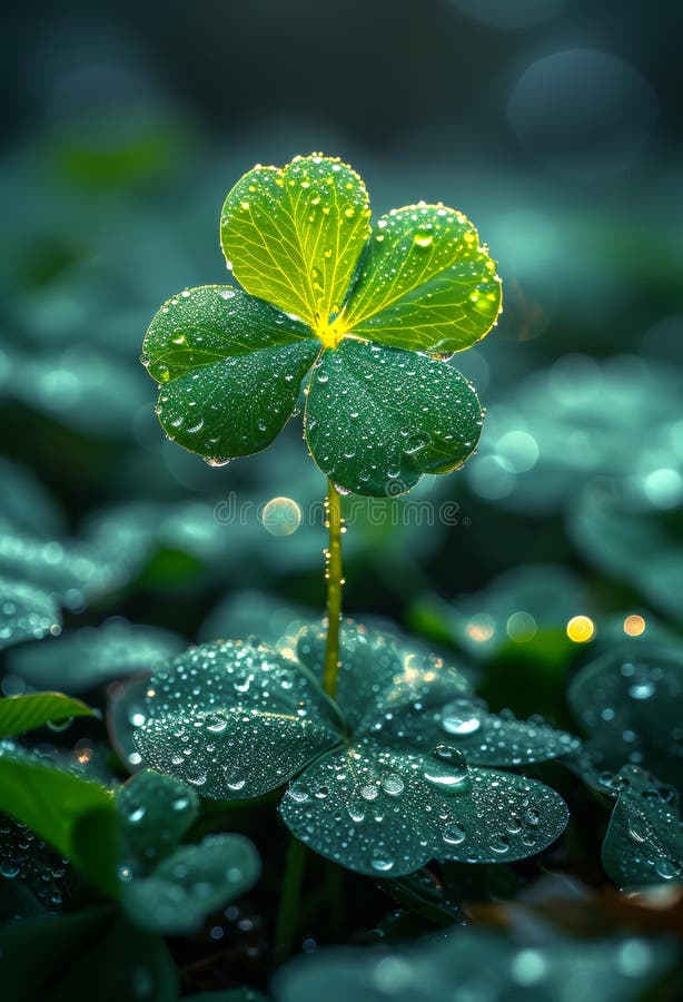Green Four Leaf Clover with Dew on it Stock Image - Image of wild ...