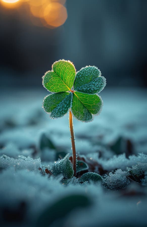 Green Four-leaf Clover Grows in the Snow at Sunset. Four Leaf Clover on ...