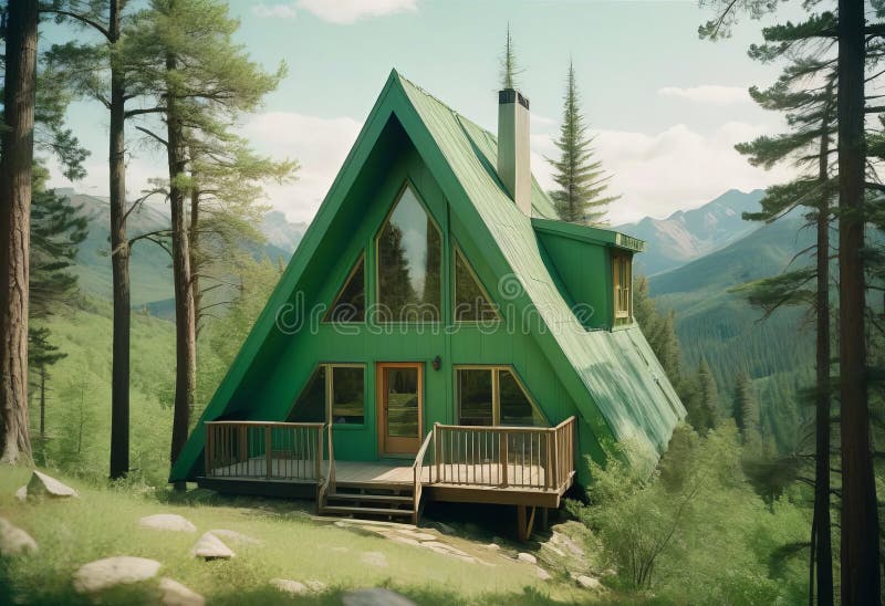 A Green a-frame Cabin with Large Triangular Windows Stock Illustration ...