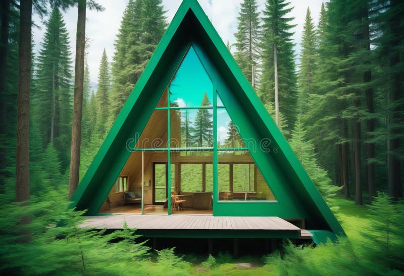 A Green a-frame Cabin with Large Triangular Windows Stock Illustration ...