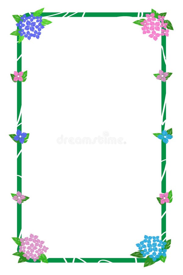 Green Frame with Colorful Hydrangea Flowers and White Line Design Stock ...