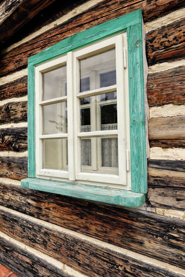 Green Framed Window on the Wooden Timbered Wall Stock Image - Image of ...