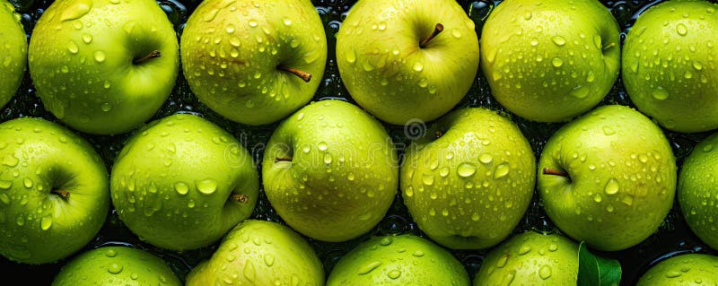 Green Fresh Apples with Sprinkled Water Top View. Apples Washed in ...