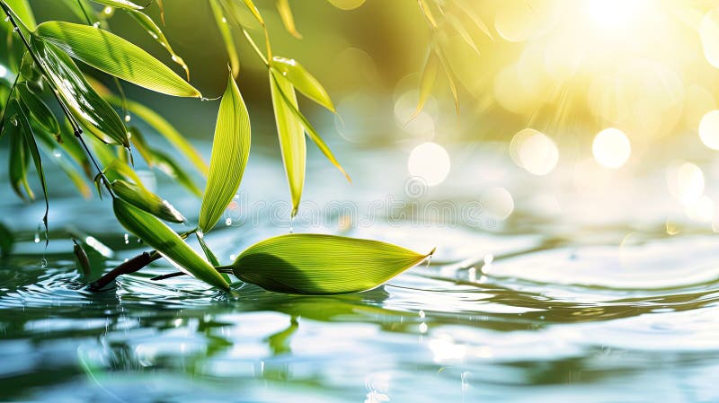 Green Fresh Bamboo Leaf on Light Blue Transparent Water Wave in ...