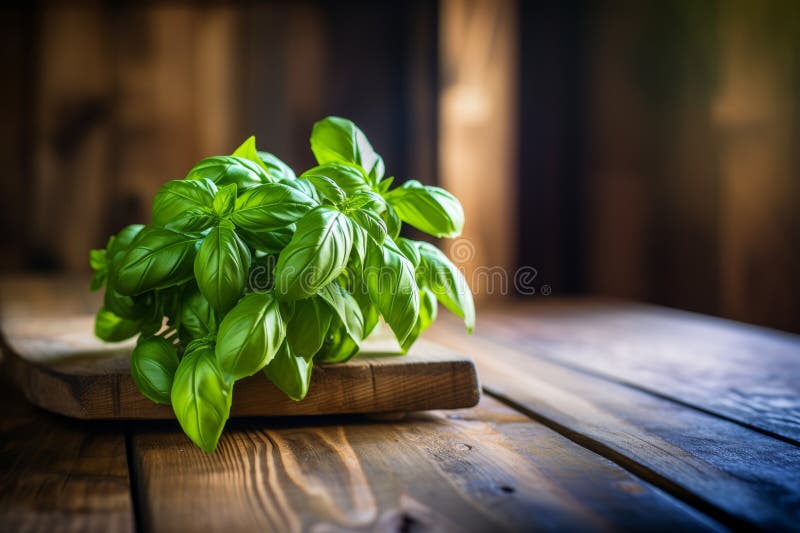 Green Fresh Basil on the Wooden Table Stock Illustration - Illustration ...