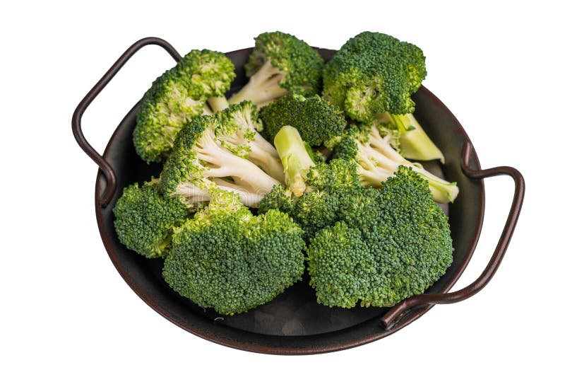 Green Fresh Broccoli Pieces in a Steel Tray Isolated on White ...