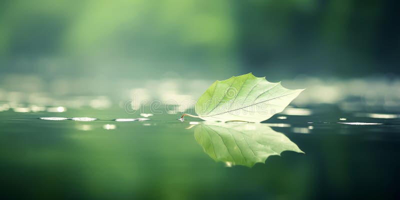 Green Fresh Leaf on Mirror Surface with Reflection on Shiny Water ...