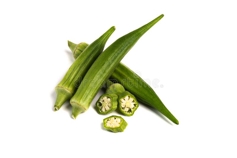 Green Fresh Okra. Whole Pods and Pieces on White Background Stock Photo ...