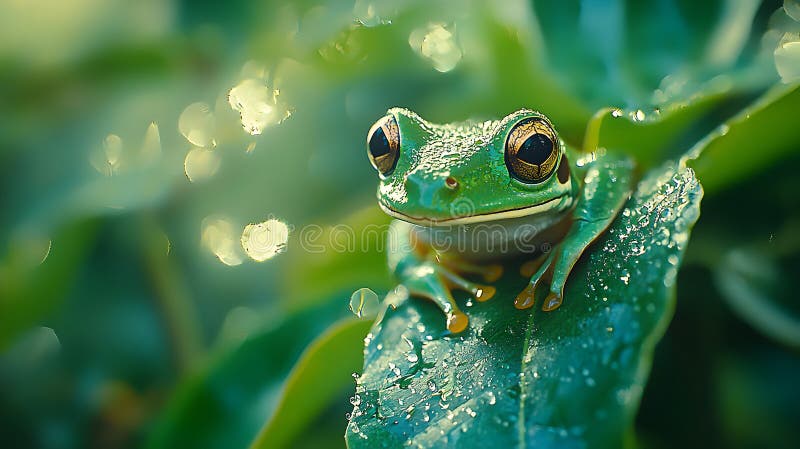 Green Frog on Dew-Kissed Leaf Stock Illustration - Illustration of ...