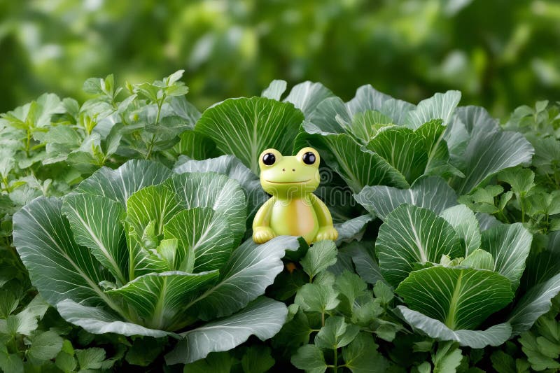Green Frog Figurine Sitting in a Cabbage Field Stock Illustration ...