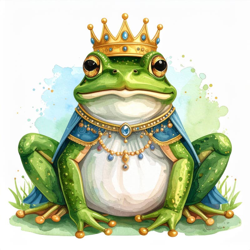 Green Frog King in Gold Crown and Blue Robe Stock Illustration ...