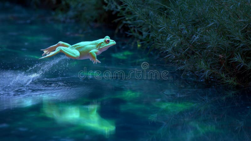Green Frog Leaping Across a Tranquil Pond at Night with Lush Vegetation ...