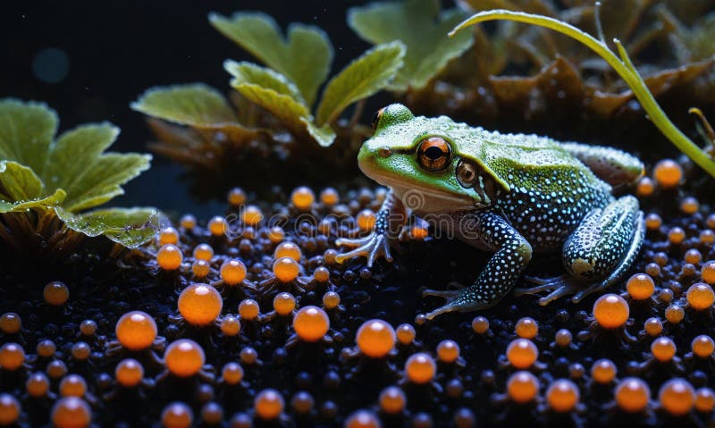 A Green Frog with Orange Eyes Sits among a Bed of Orange Frog Eggs ...