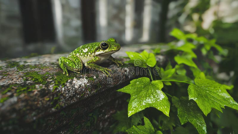 Green Frog Sitting on a Mossy Stone Wall with Green Ivy Vines Stock ...
