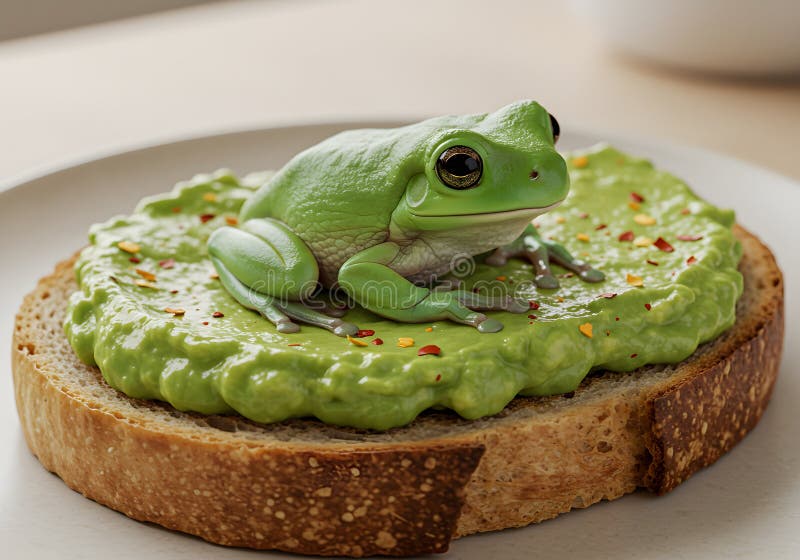 Green Frog Sitting on a Slice of Bread with Green Spread Macro ...