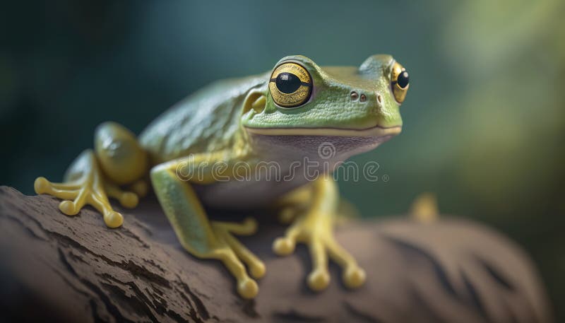 A Green Frog Sitting on Top of a Tree Branch with a Blurry Background ...
