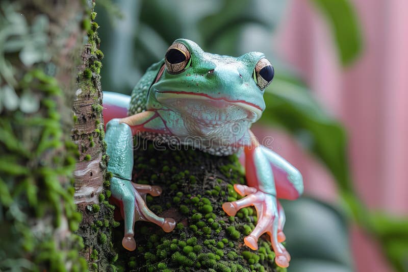 A Green Frog is on Trunk of a Tree in Moss, High Quality, High ...
