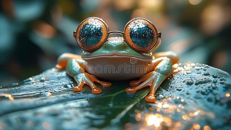 A Green Frog Wearing Round Sunglasses Sits on a Dew-covered Leaf Stock ...