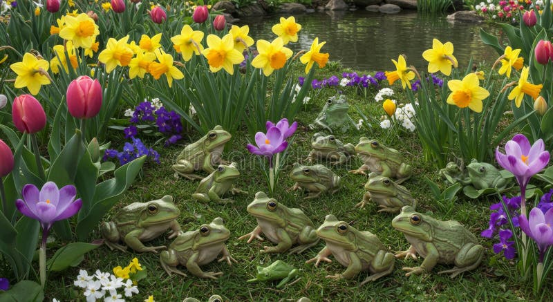 Green Frogs among Spring Flowers in Garden Stock Illustration ...
