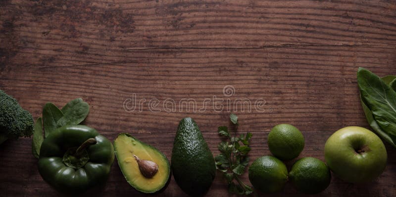 Green Fruit and Vegetables on Wooden Surface Horizontal Stock Image ...