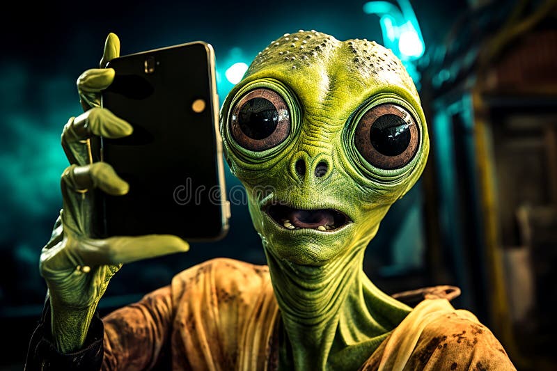 A Green Funny Alien with Big Eyes is Taking a Selfie Stock Illustration ...