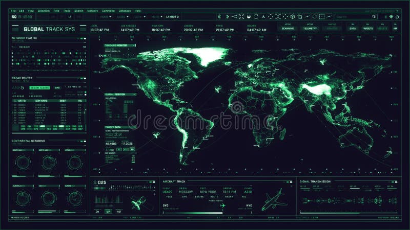 Green Futuristic Interface Screen. Cyber Map, Progress, Targeting and ...