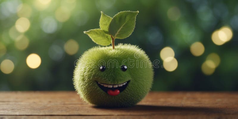 A Green Fuzzy Fruit with a Leaf on Top the Fruit is Smiling and Has a ...