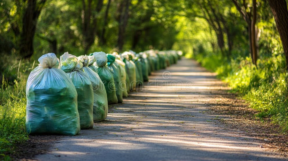 Green Garbage Bags Line a Park Path Stock Illustration - Illustration ...