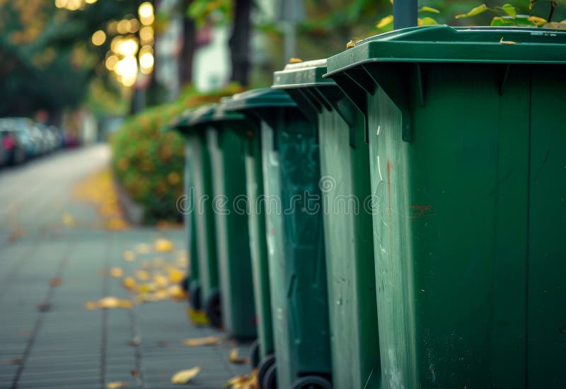 Green Garbage Bins are Lined Up Along the Street Stock Photo - Image of ...