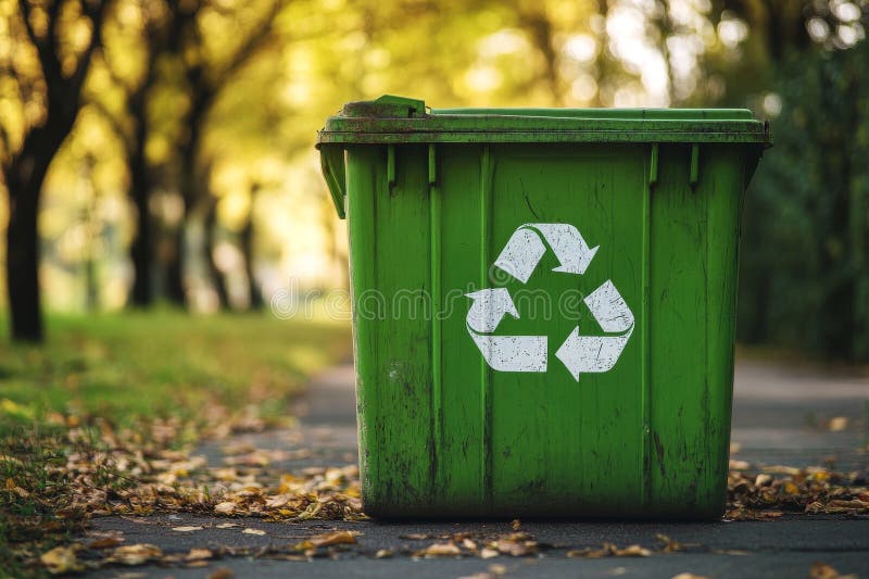 Green Garbage Container with Recycle Symbol in the City with Copy Space ...