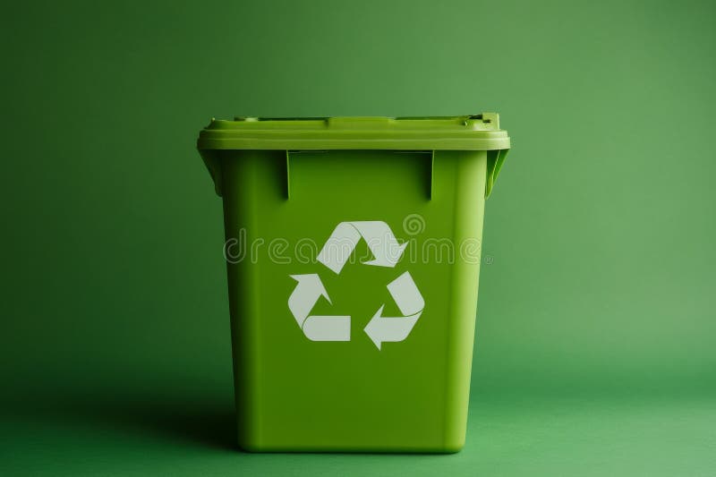 Green Garbage Container with Recycle Symbol on Green Studio Background ...