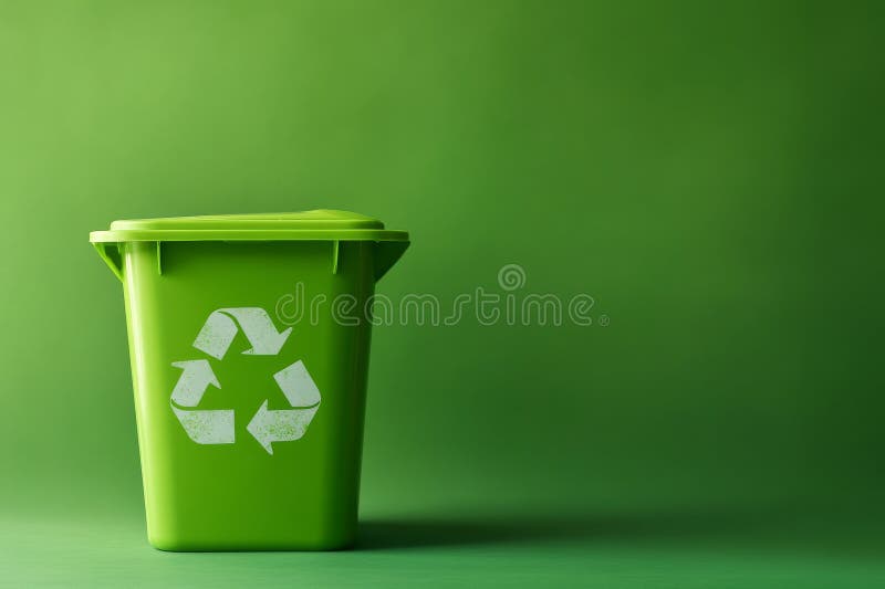 Green Garbage Container with Recycle Symbol on Green Studio Background ...