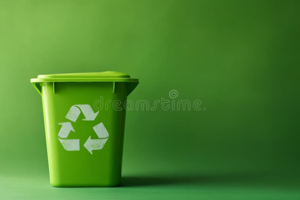 Green Garbage Container with Recycle Symbol on Green Studio Background ...