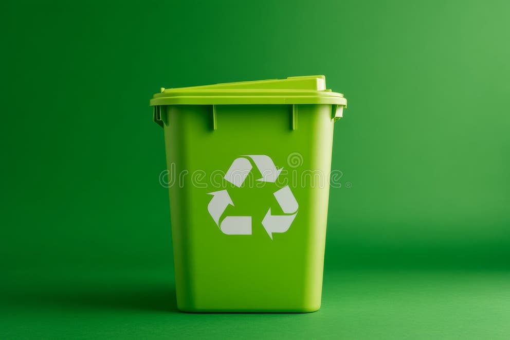 Green Garbage Container with Recycle Symbol on Green Studio Background ...