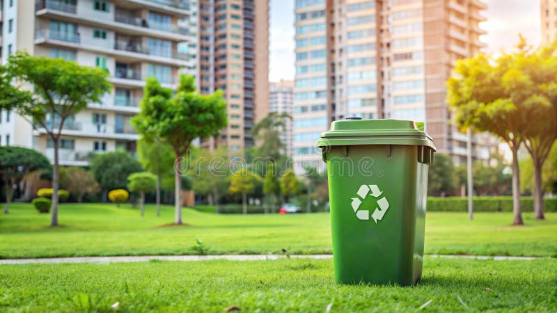 Green Garbage Recycling Bin on the Grass There are Buildings in the ...