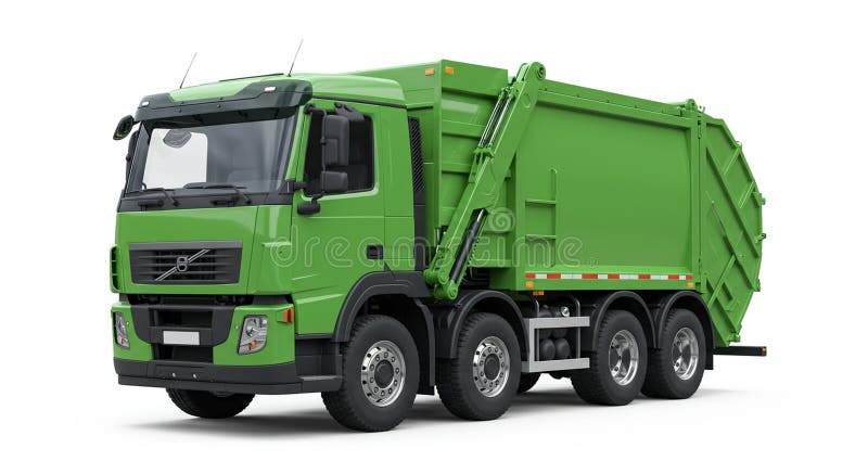 A Green Garbage Truck with a Modern Design, Positioned Against a White ...