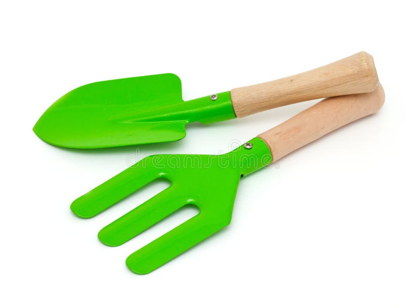 Green Garden Shovel and Rake Stock Photo - Image of opening, metal ...