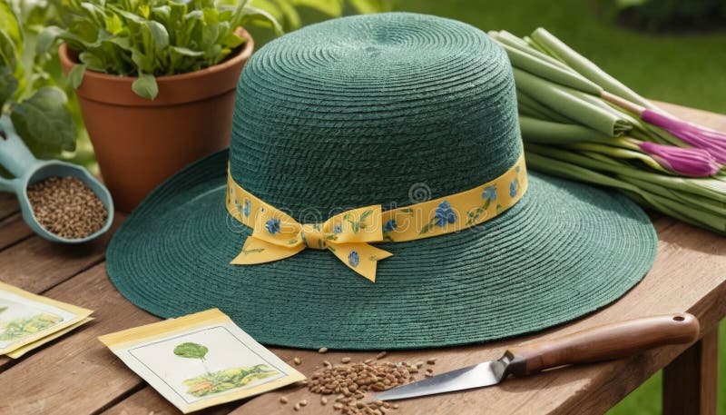 A Green Gardening Hat Placed on a Table Surrounded by Seed Packets and ...