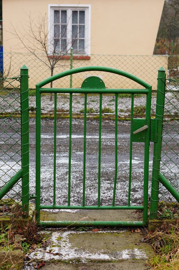 Green gate stock photo. Image of entrance, winter, closed - 49375952