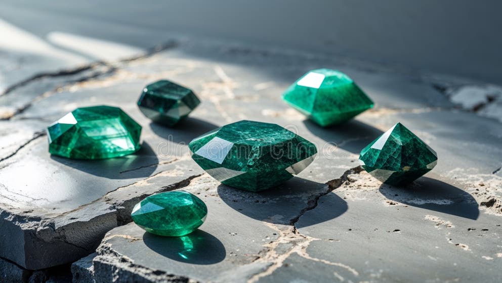 Green Gemstones on Grey Surface with Natural Light Reflection Stock ...