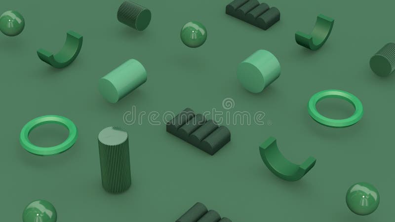 Green Cylinder, Balls, Rings, Green Background. Abstract Illustration ...
