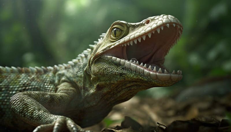 Green Giant Lizard with Sharp Teeth Roams the Forest Floor Generated by ...