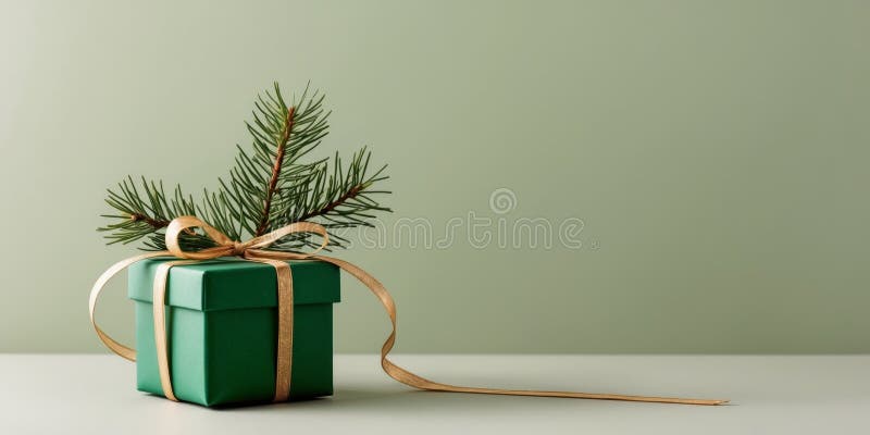 Green Gift Box with Gold Ribbon and Pine Branches on Green Background ...
