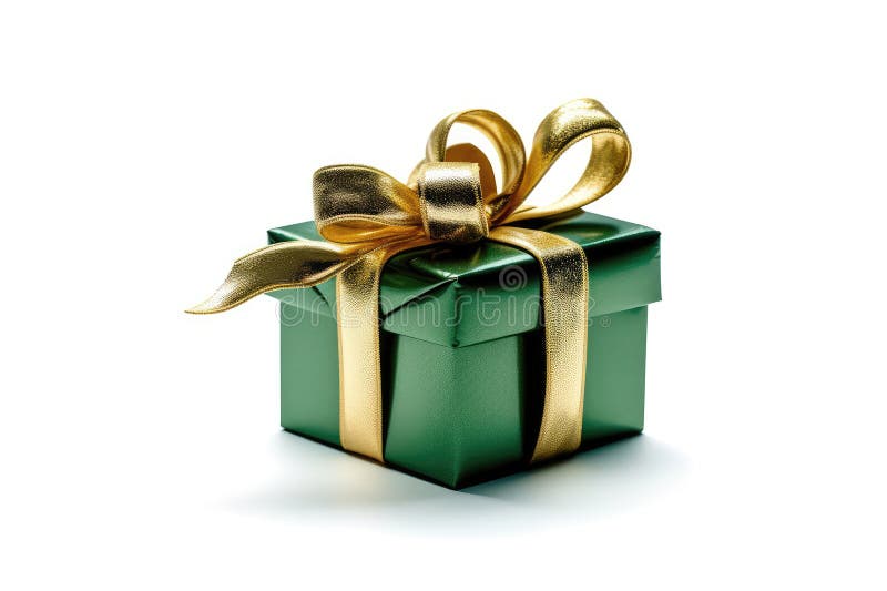 Green Gift Box with Gold Ribbon on White Background. Generative AI ...