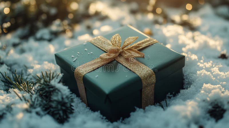 Green Gift Box with Gold Ribbon in Winter Snow Stock Illustration ...