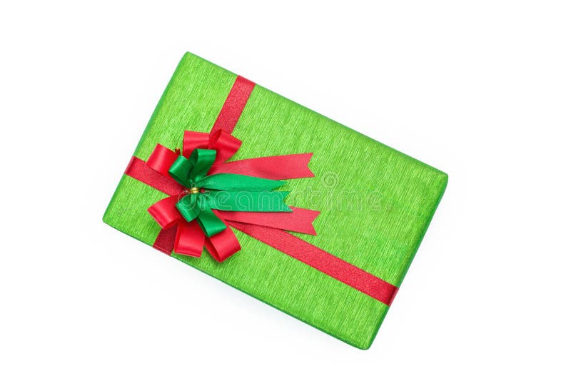 Green Gift Box with Red and Green Ribbons Bow Stock Photo - Image of ...