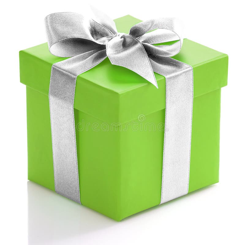 Silver Gift Wrapped Present with Green Satin Bow Stock Image - Image of ...