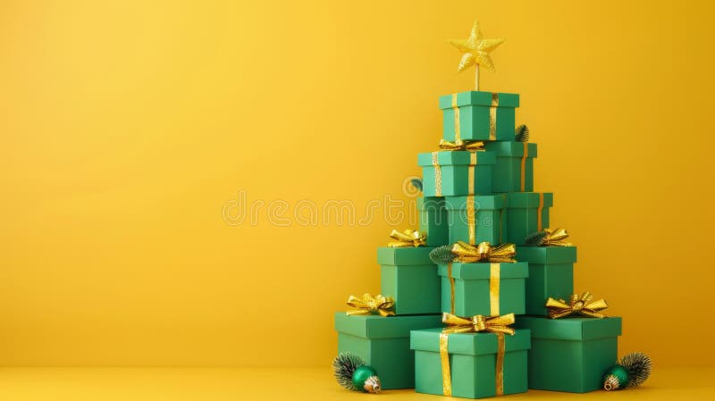 Green Gift Boxes Stacked As Christmas Tree with Gold Decorations on ...