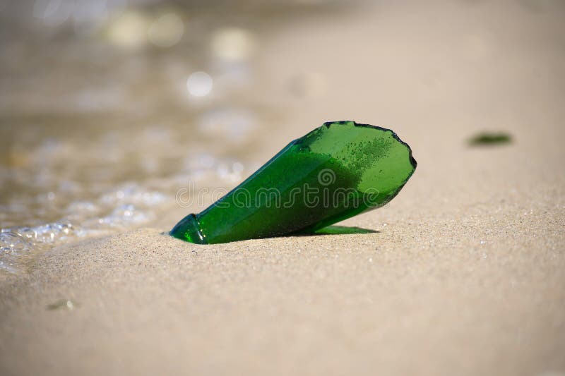 Green Glass Bottle Shard on Sandy Beach, Environmental Pollution Concept Stock Illustration ...