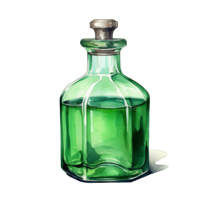 A Green Glass Bottle with a Silver Top and Green Liquid Stock Photo ...
